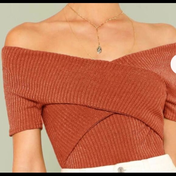 Tops | Rust Burnt Orange Cross Over Ribbed Top | Poshmark